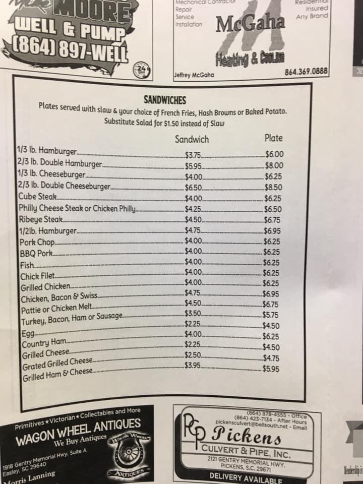 Menu at Lou & Perry's restaurant, Honea Path