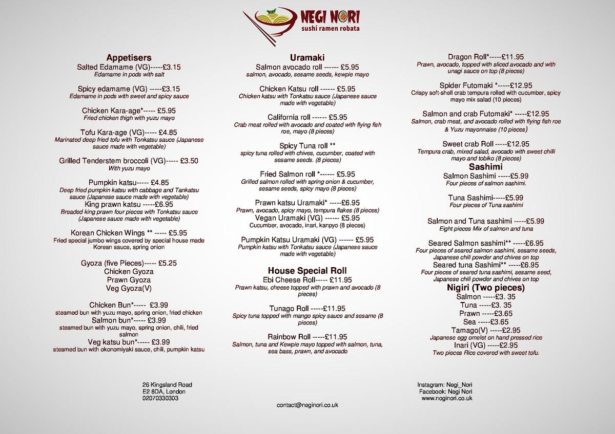 Menu at Negi Nori - Shoreditch restaurant, London