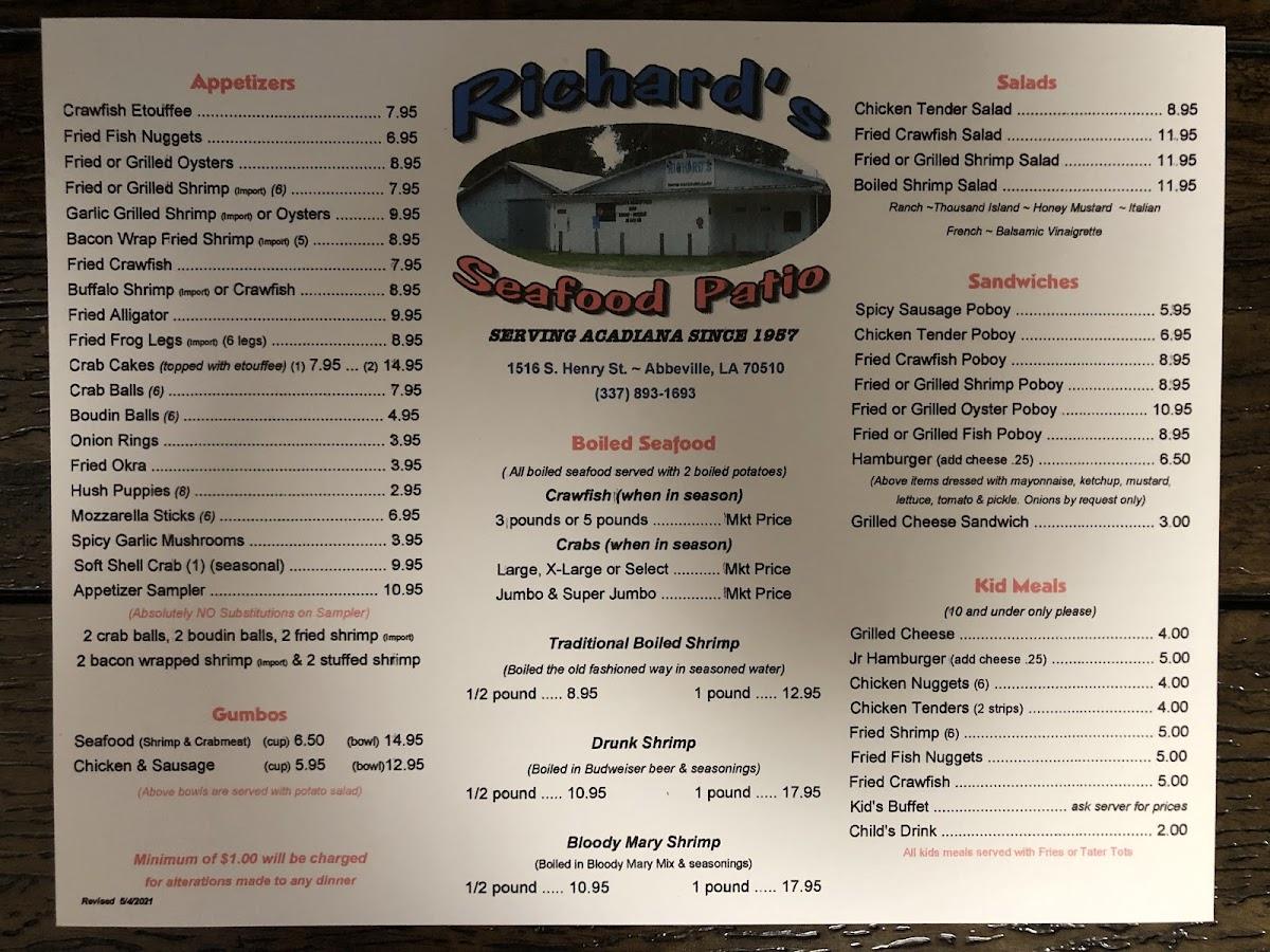 Menu at Richard's Seafood Patio restaurant, Abbeville