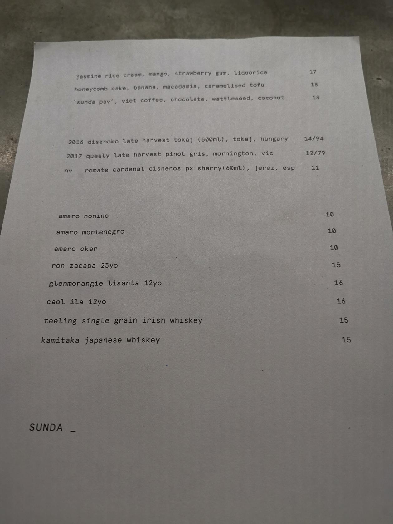Menu at Sunda Dining restaurant, Melbourne