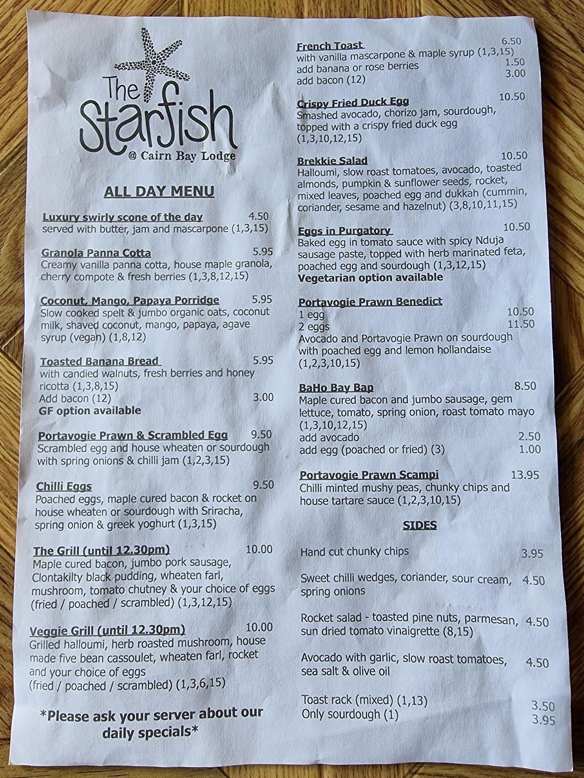 Menu at The Starfish cafe, Bangor