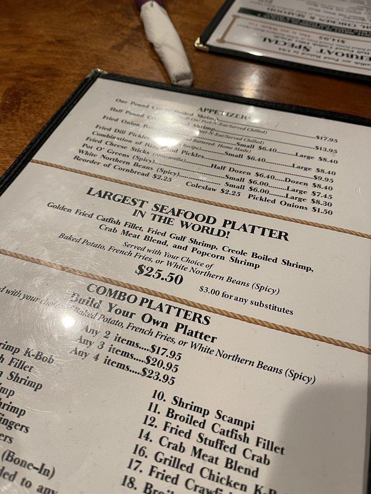 Menu at Top O' the River restaurant, Anniston