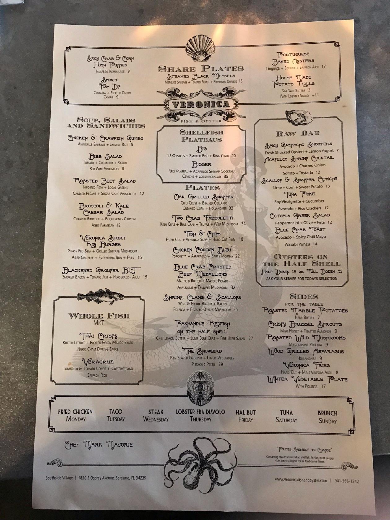 Menu at Veronica Fish and Oyster pub & bar, Sarasota