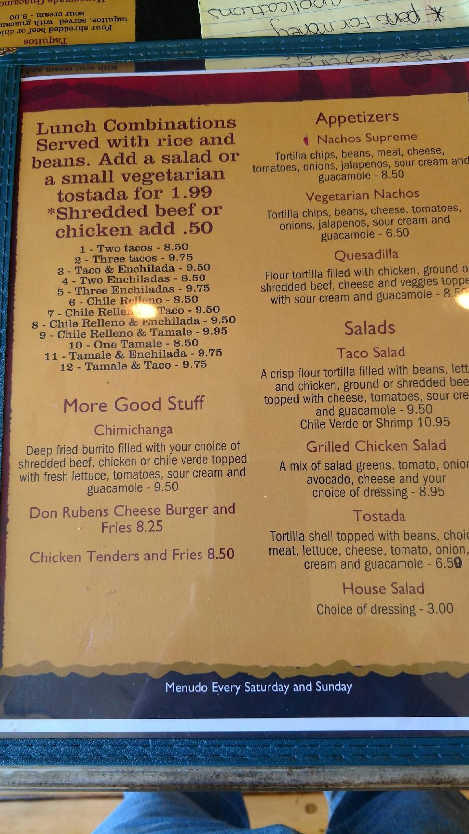 Menu at Don Ruben's Mexican Restaurant, Mariposa