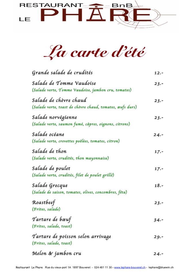 Menu da Restaurant & Chambres d'hôtes Le Phare, Port-Valais, Rue