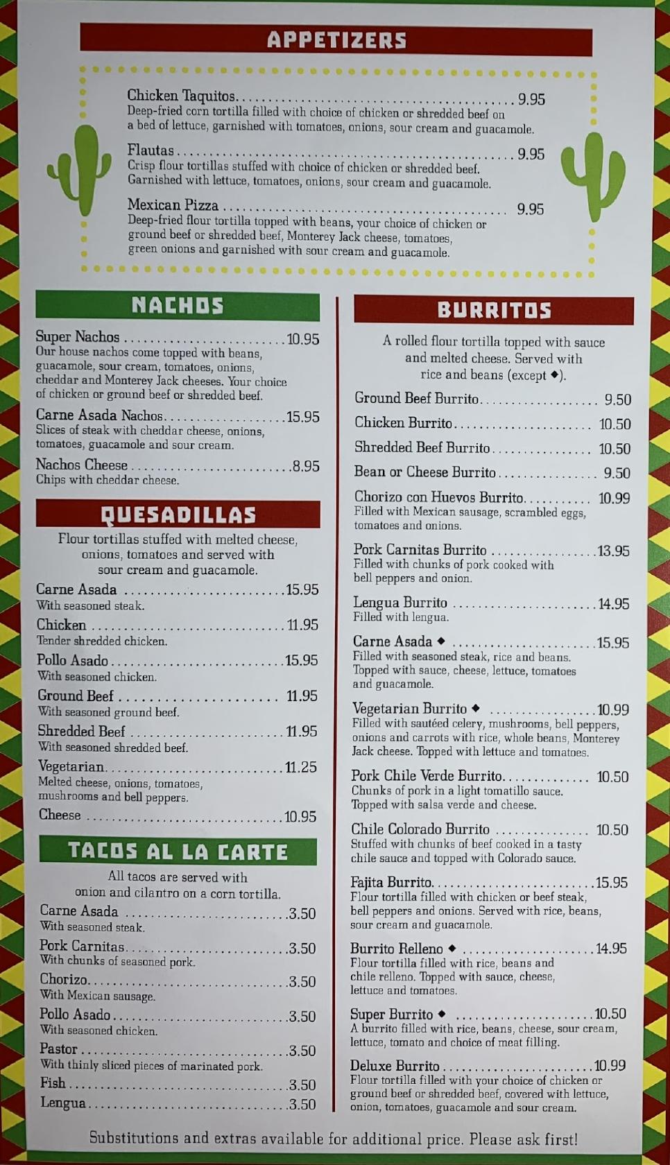 Menu at Los Guerreros Mexican Restaurant, North Bend