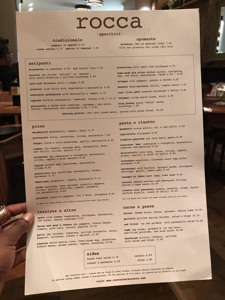 Menu at Rocca restaurant, London, 73 Old Brompton Rd