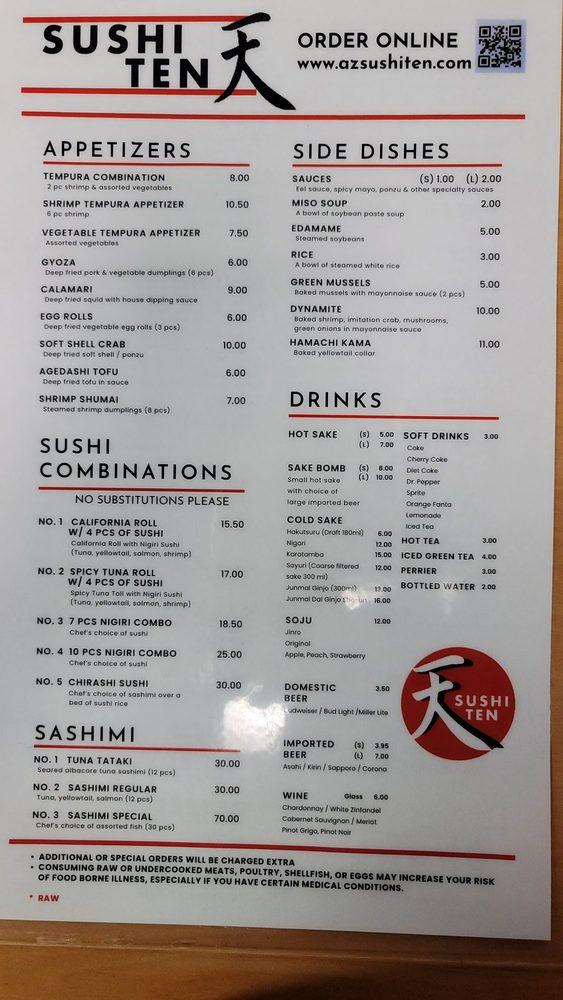 Menu at Sushi-Ten Japanese restaurant, Tucson