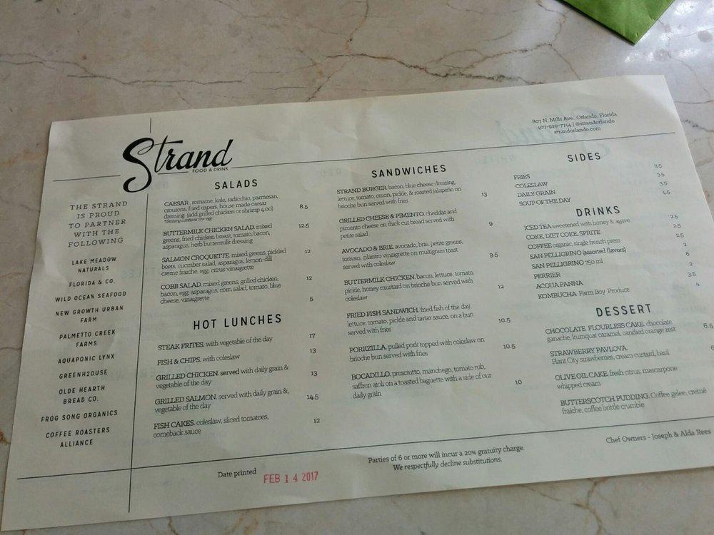 Menu at The Strand restaurant, Orlando
