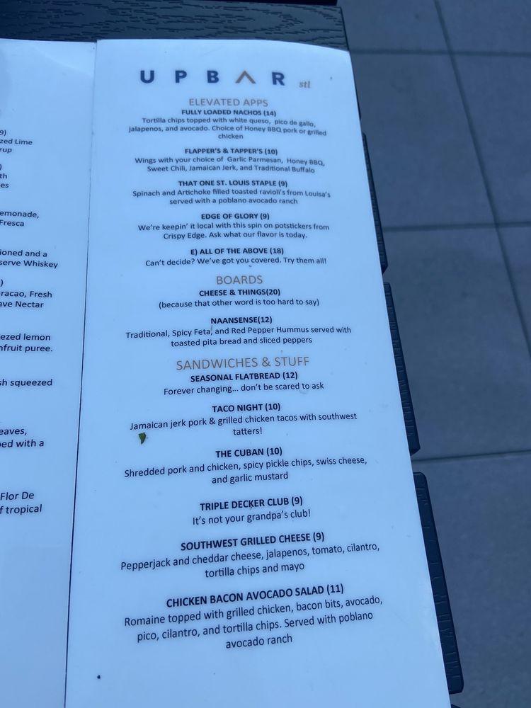 Menu at UPBAR, St. Louis