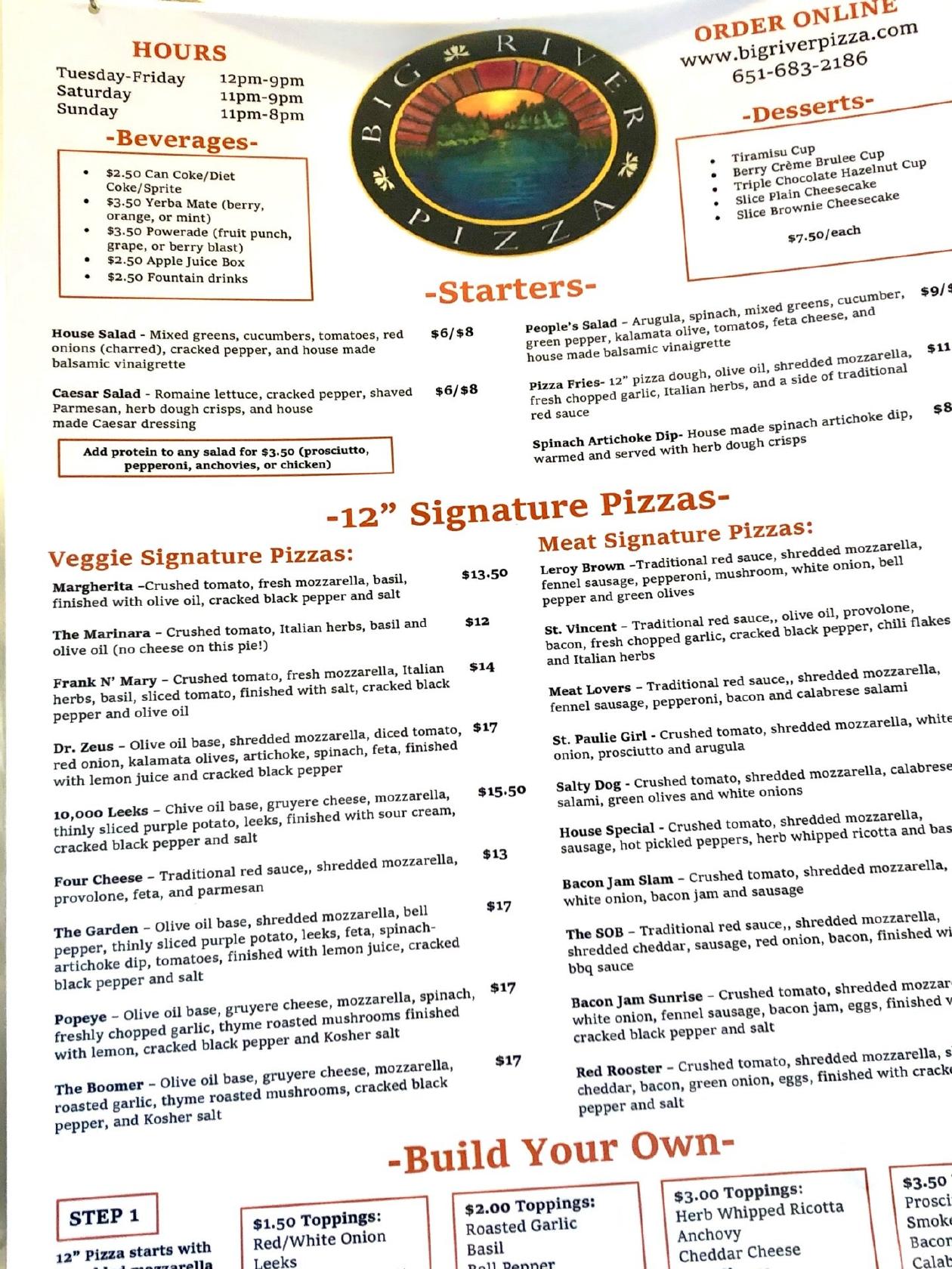 Menu at Big River Pizza pizzeria, Saint Paul