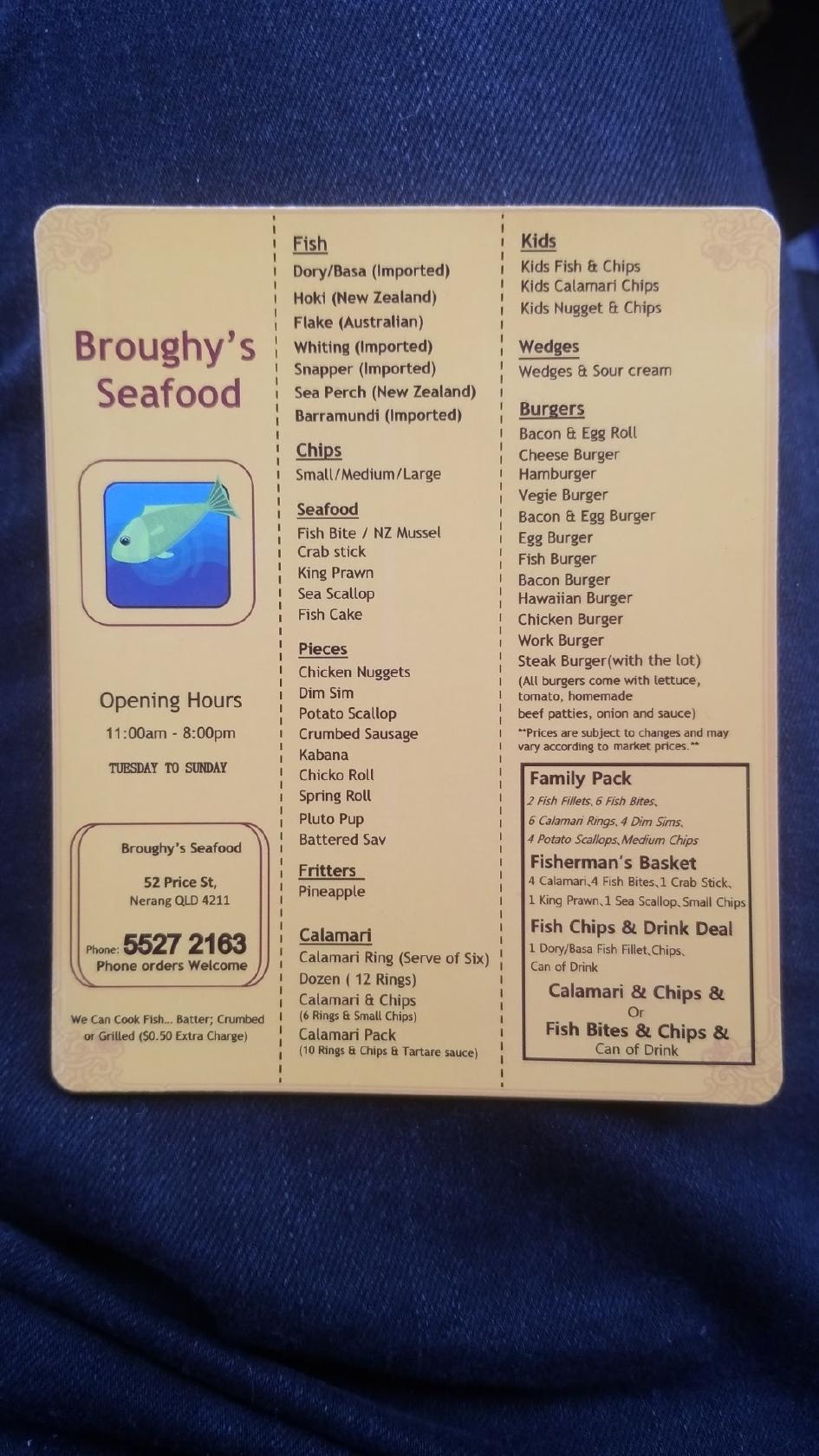 Menu at Broughy's Seafood fast food, Nerang