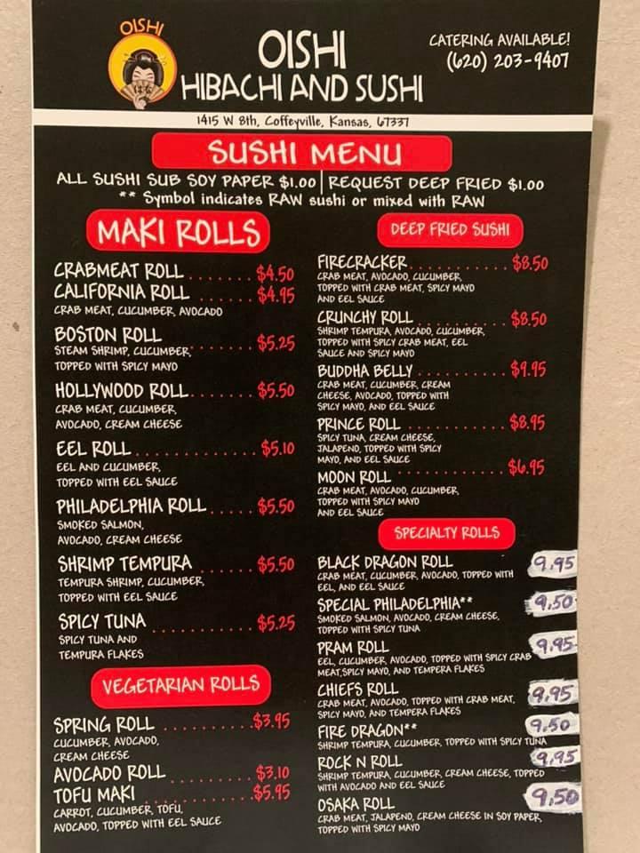 Menu at Oishi Hibachi and Sushi restaurant, Coffeyville