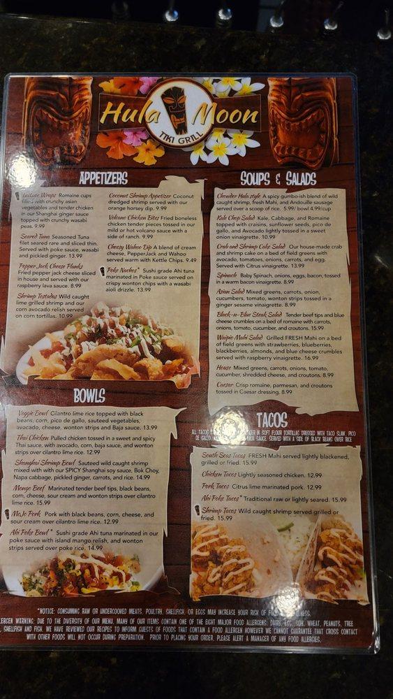Menu at Hula Moon Tiki Grill pub & bar, Indian Harbour Beach
