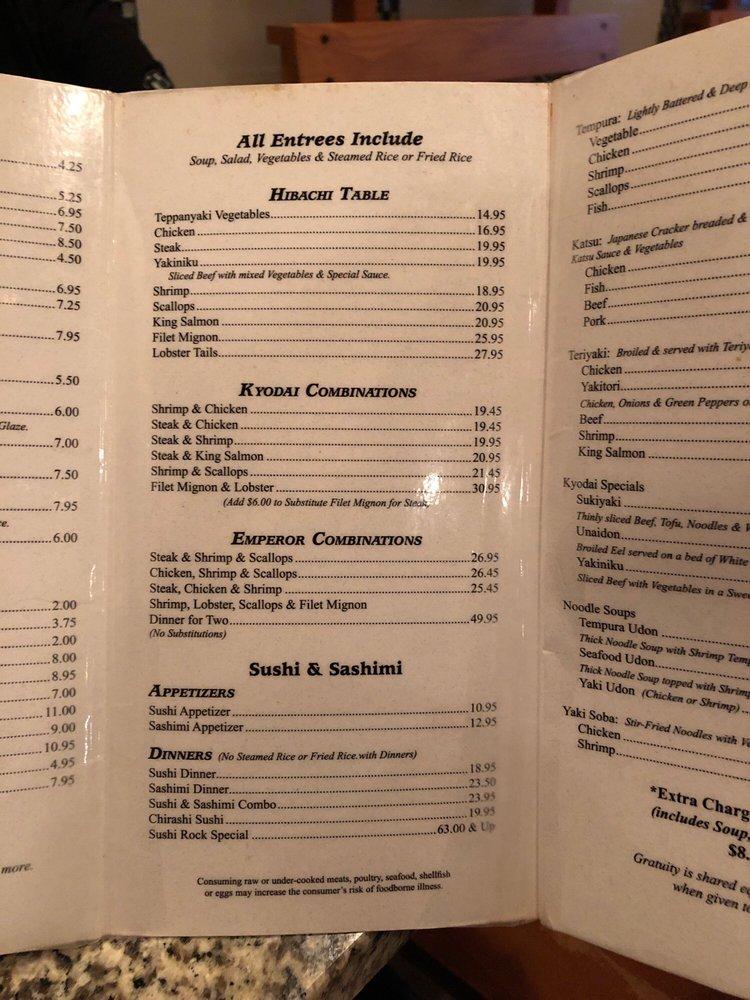 Menu at Kyodai Sushi Rock restaurant, Orange Park
