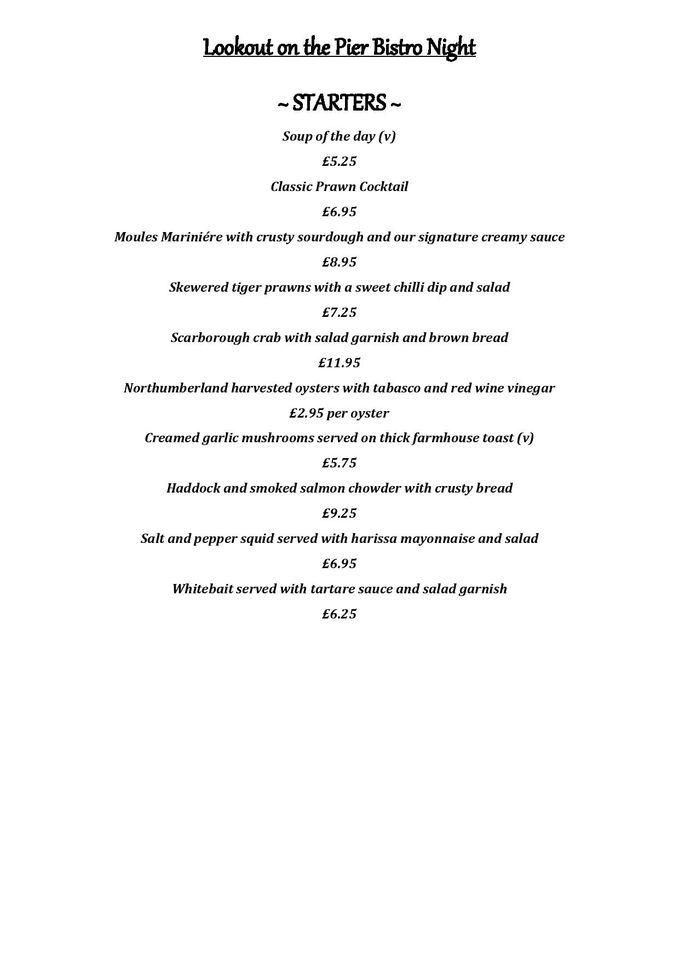 Menu at Lookout on the Pier cafe, Scarborough