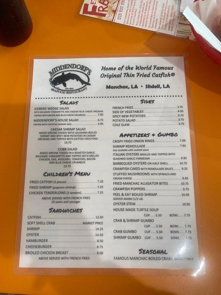 Menu at Middendorf's Slidell restaurant, Slidell