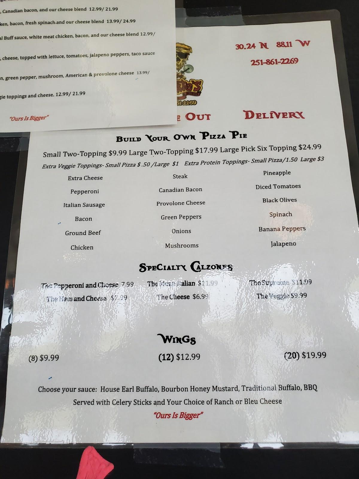 Menu at Pirate's Pizza and Wings pizzeria, Dauphin Island