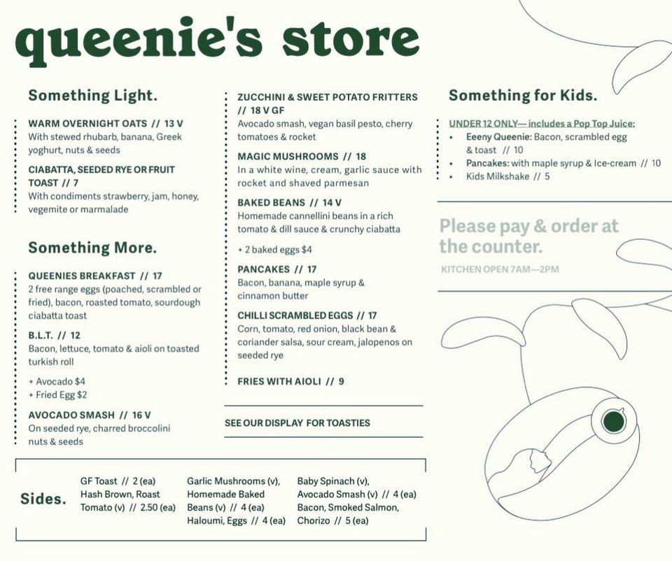 Menu at Queenies Store pizzeria, Largs Bay
