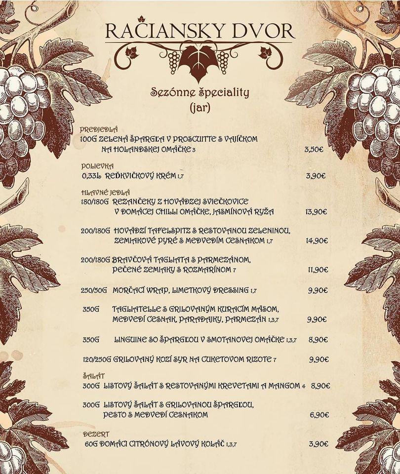 Menu at Račiansky dvor restaurant, Bratislava