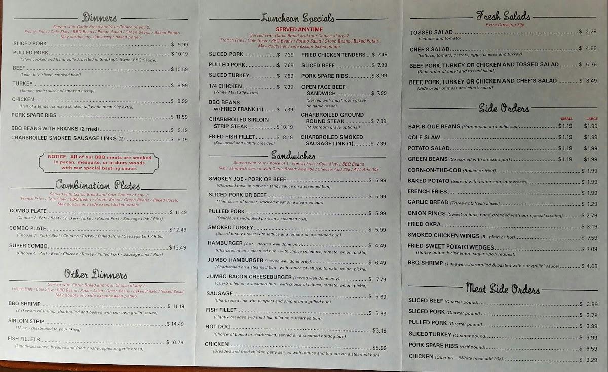 Menu at Smokey's BBQ, Pensacola, Pensacola Blvd
