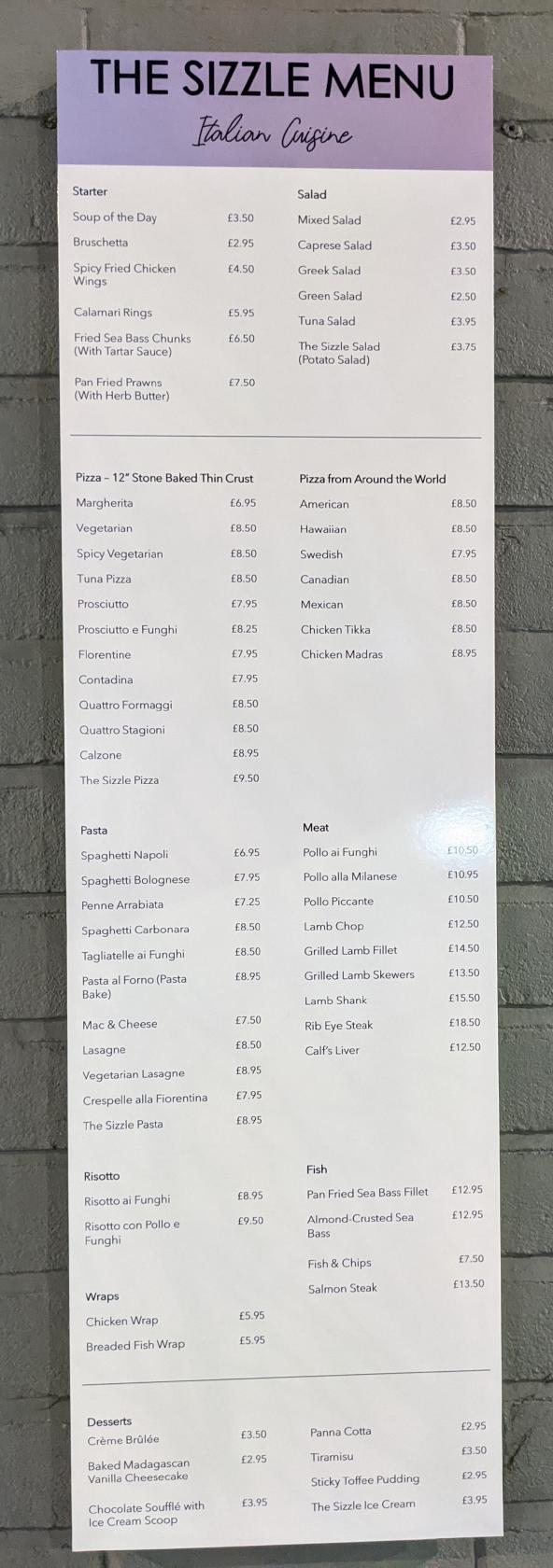 Menu at The Sizzle restaurant, Ruislip
