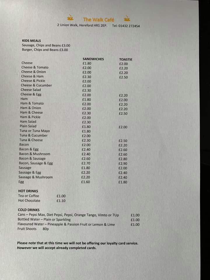 Menu at The Walk Cafe, Hereford