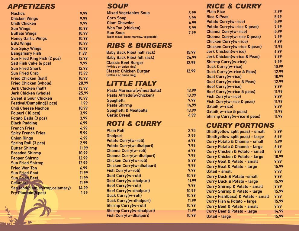 Menu at Caribbean Sun Restaurant & Bar, Toronto