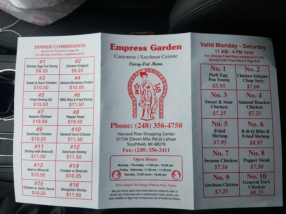Menu at Empress Gardens restaurant, Southfield