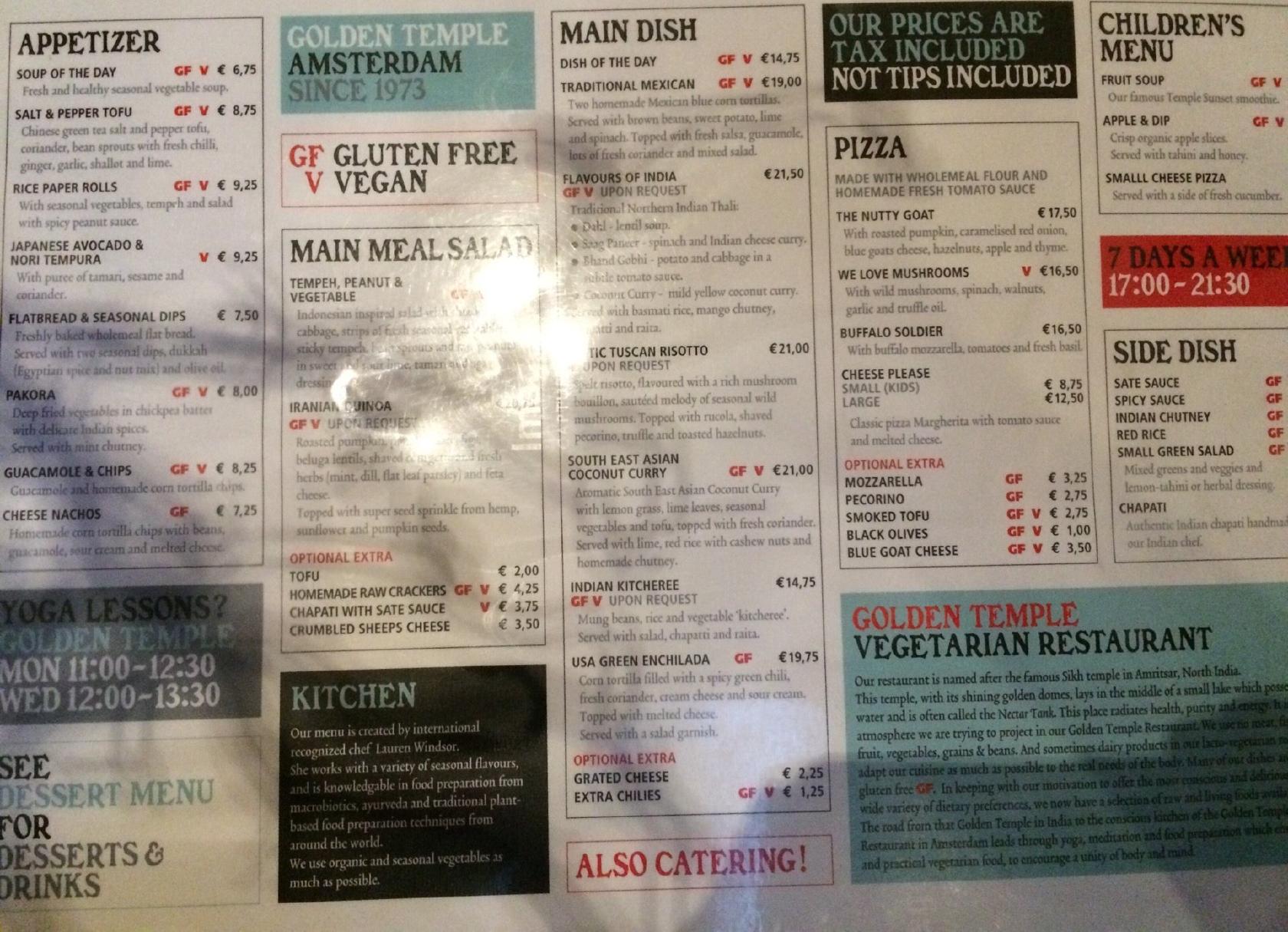 Menu at Golden Temple Vegetarisch Restaurant, Amsterdam