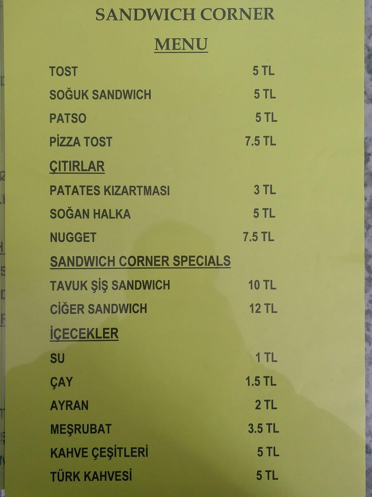 Menu at Sandwich Corner, Bandirma