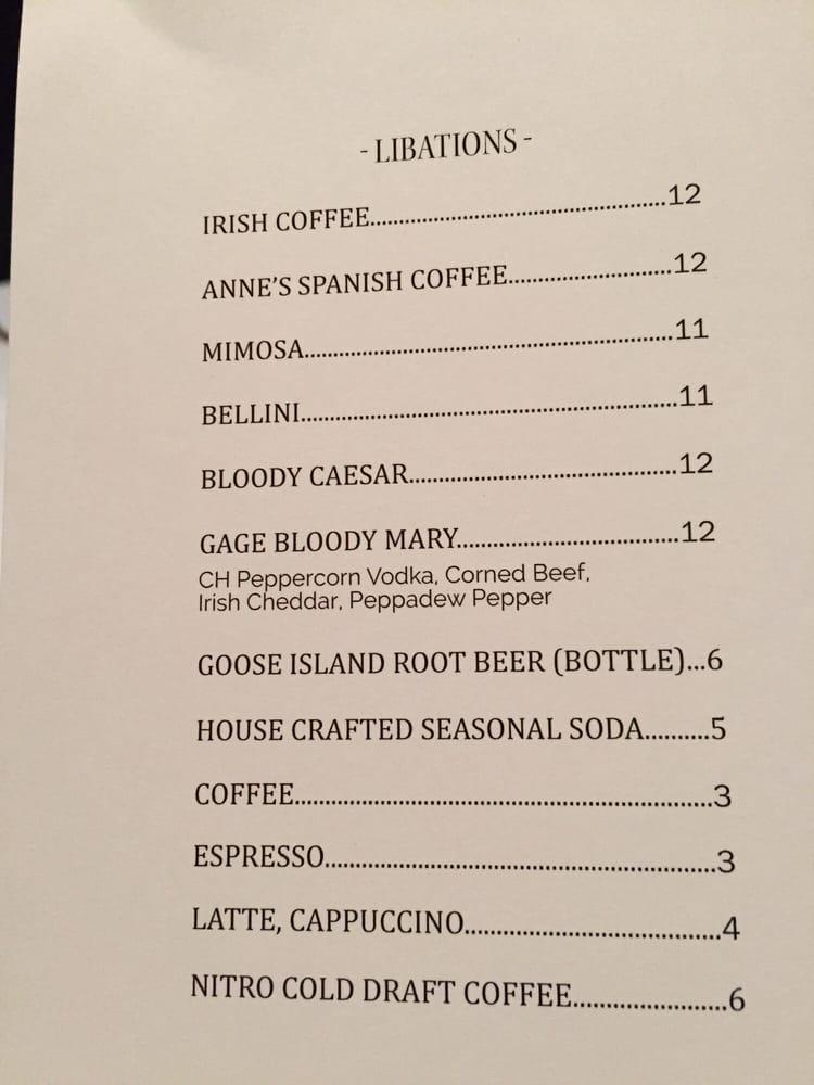 Menu at The Gage pub & bar, Chicago