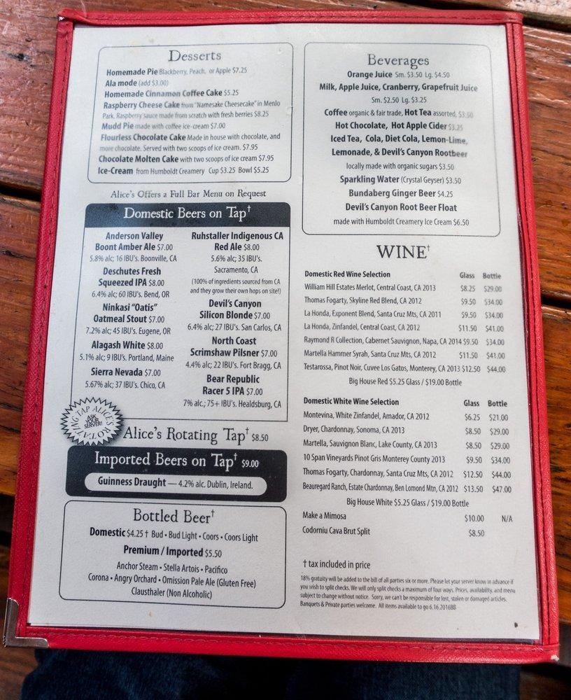 Menu at Alice's Restaurant, Woodside, Skyline Blvd