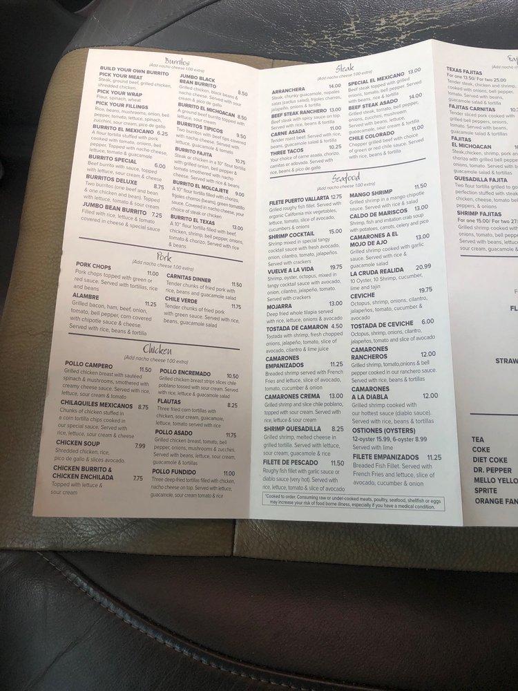 Menu at El michoacan mexican restaurant, Forest City