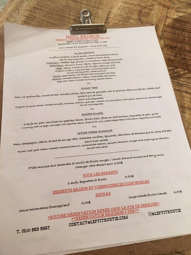 Menu at Le P'tit Rustik cafe, Montreal