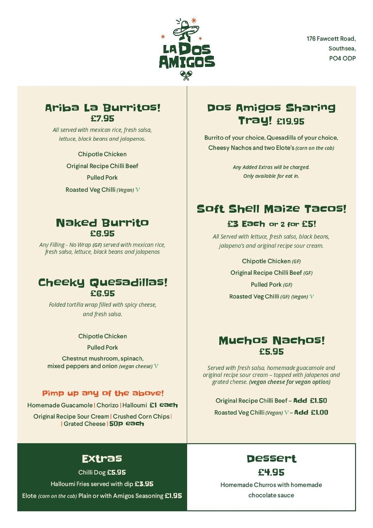 Menu at Los Dos Amigos restaurant, Portsmouth