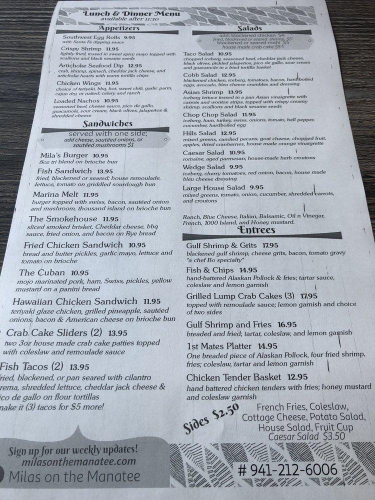 Menu at Mila’s on the Manatee restaurant, Palmetto
