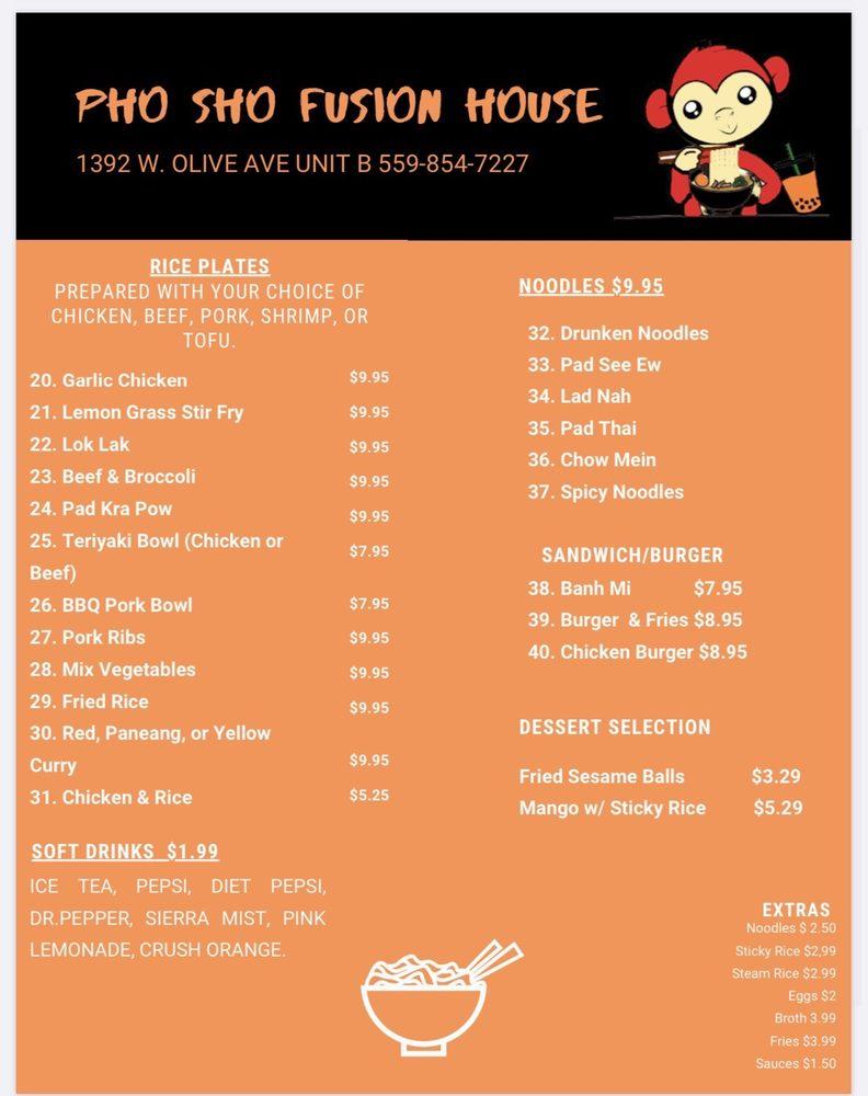 Menu at pho sho Fusion Restaurant, Porterville