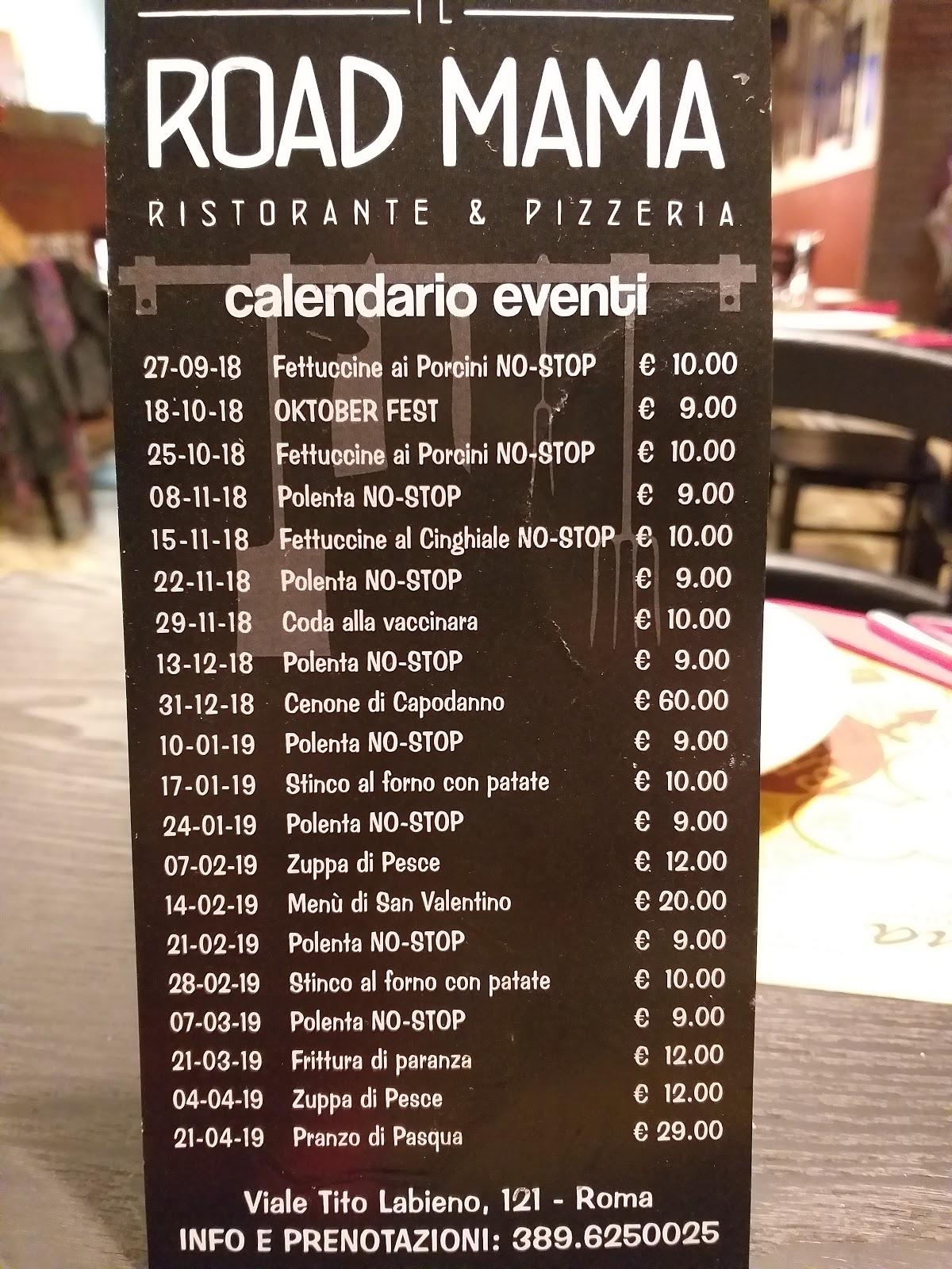 Menu at Road Mama Roma restaurant, Rome