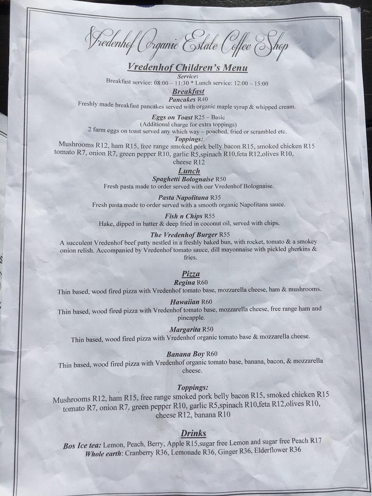 Menu at Vredenhof Organic Estate restaurant, Cape Town, Bredell Rd