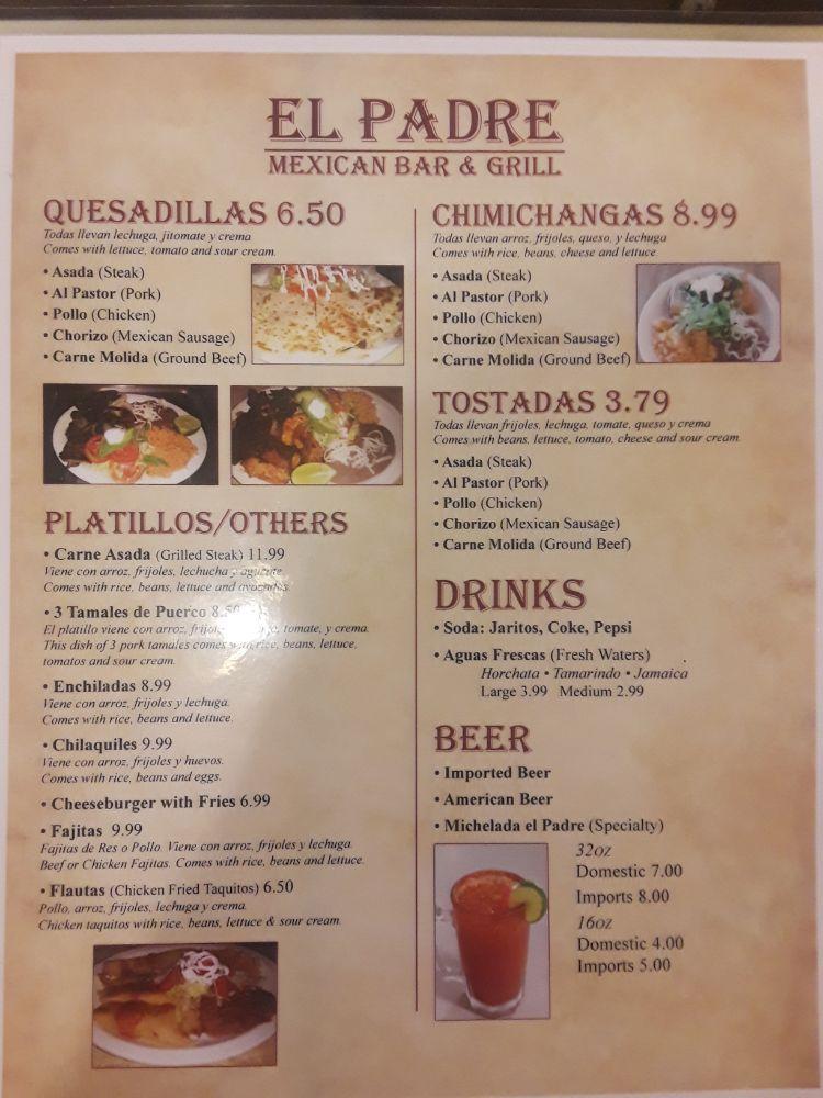 Menu at el padre mexican bar and grill and sea food, Mishawaka