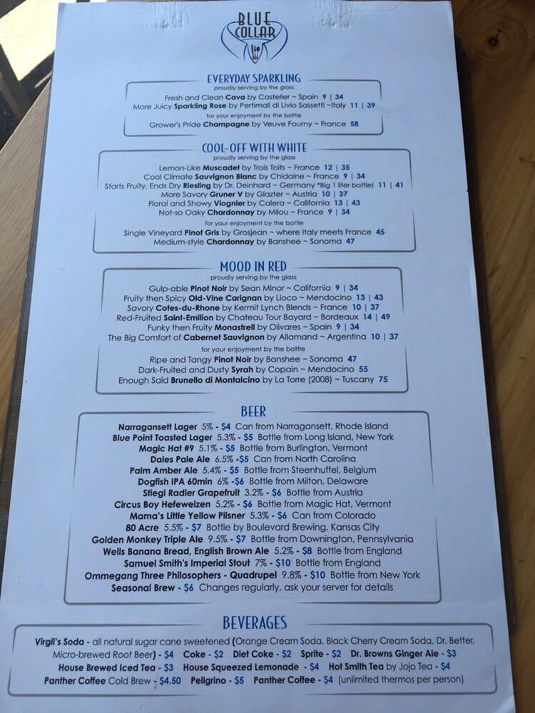 Menu at Blue Collar restaurant, Miami