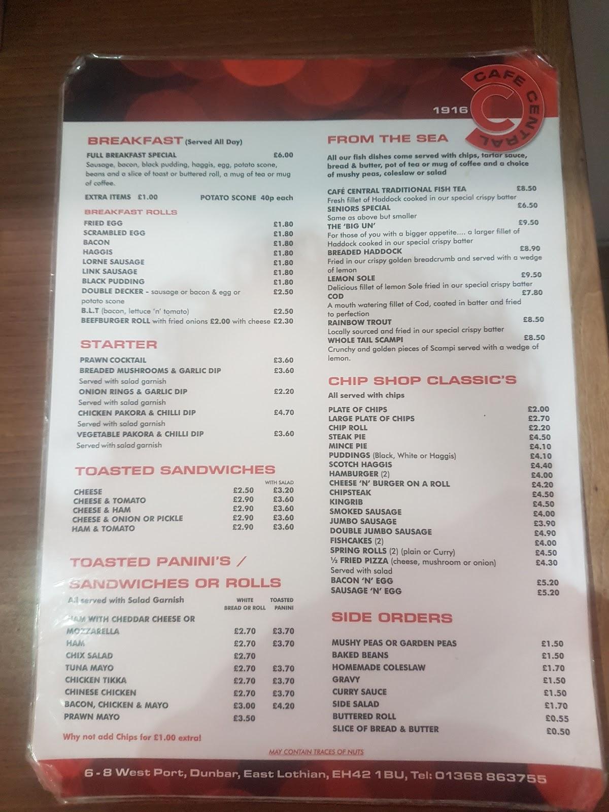 Menu at Cafe Central, Dunbar, 6 West Port
