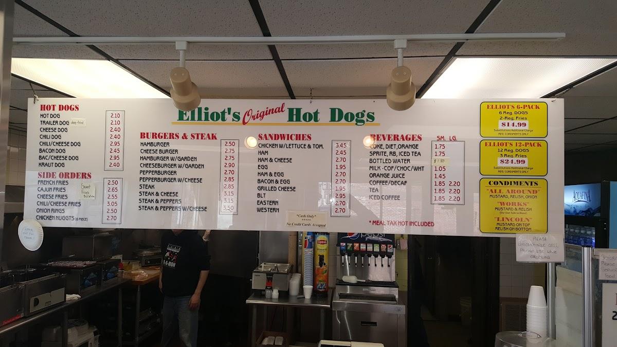 Menu at Elliot's Hot Dogs fast food, Lowell