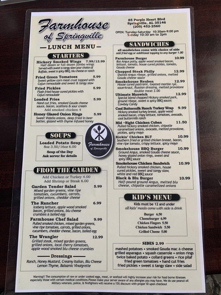 Menu at Farmhouse restaurant, Springville