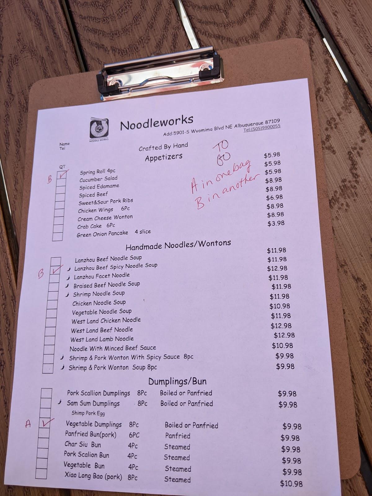 Menu at Noodle Works restaurant, Albuquerque