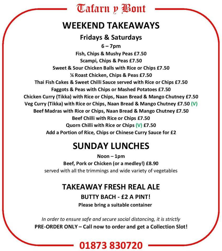 Menu at Tafarn y Bont pub & bar, Govilon