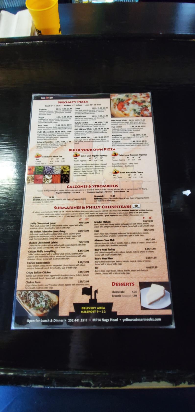 Menu at Yellow Submarine pizzeria, Nags Head