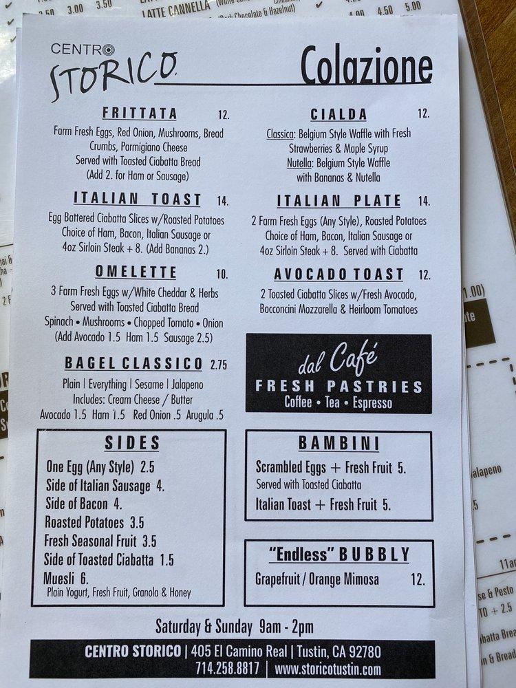 Menu at CENTRO Storico Spaghetteria restaurant, Tustin