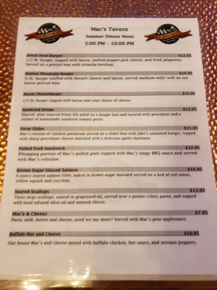 Menu at Mac's Tavern pub & bar, Butte